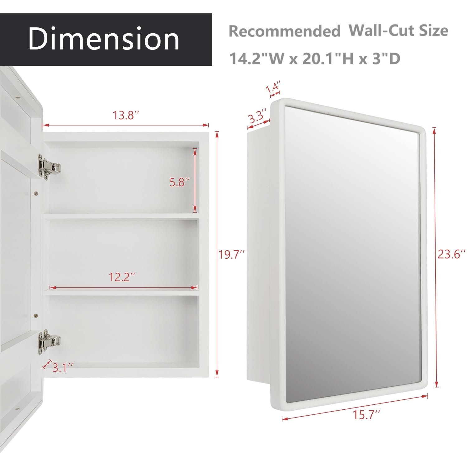 H-A Bathroom Medicine Cabinet with Mirror Solid Wood Framed Bathroom Mirror Cabinet with Storage Wall Mounted Recessed Available 16"x 24" (White)