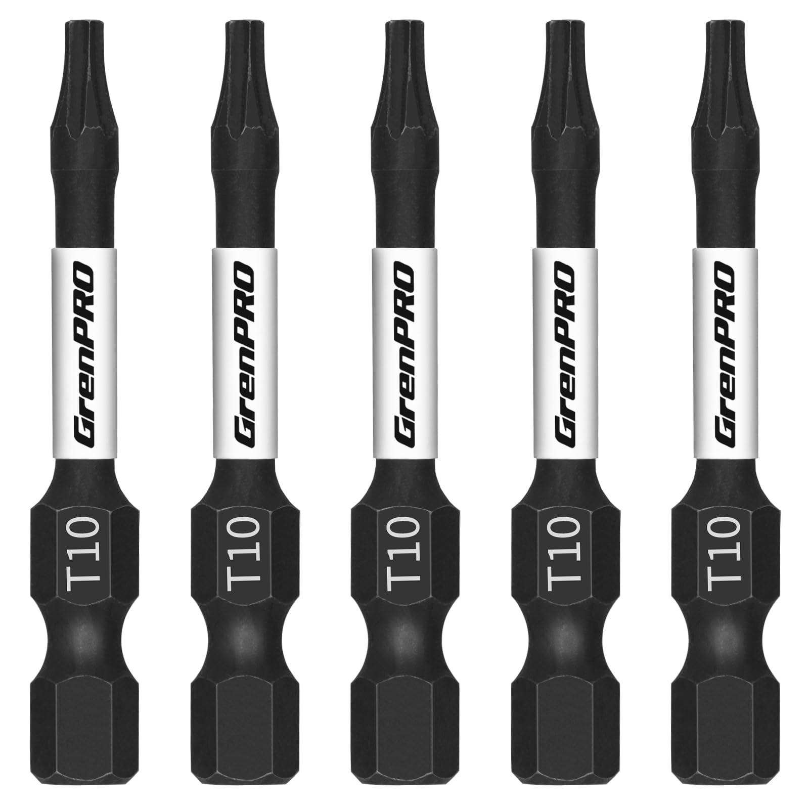 GRENPRO Screwdriving Power Bits T10-2IN*5pcs,Torx Head Bit Set ，2" Long High Impact Tough Magnetic #10 Drill Bit，1/4" Hex Shank S2 Alloy Steel Star Bits Set