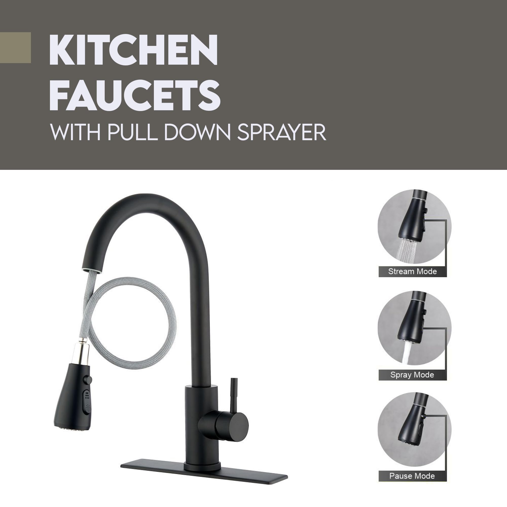 SOFTINOX Kitchen Faucet with Multi-Functional Pull Down Sprayer - High Arc Single Handle Kitchen Sink Faucet with Deck Plate - Commercial Modern Brushed Stainless Steel Kitchen Faucets - Black