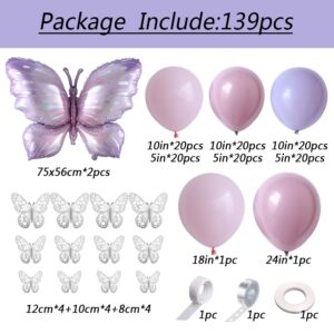 Dusty Purple Butterfly Balloon Garland Arch Kit, 139pcs Pink Lavender Purple Balloons with 3D Silver Butterfly Stickers for Girl Birthday Party Wedding Bridal Shower Baby Shower Decorations