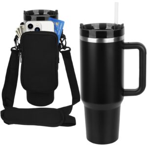 e-senior 40 oz tumbler with handle and carrier bag, stainless steel cup reusable insulated coffee mug,keep hot/cold,travel water bottle with holder for travel home, office (black)