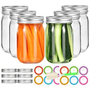 mcupper 6 pack mason jars 16 oz with lids, canning jars with 6 split-type lids and extra 6 single lids, regular mouth mason jar, labels & brusher included - microwave & dishwasher safe