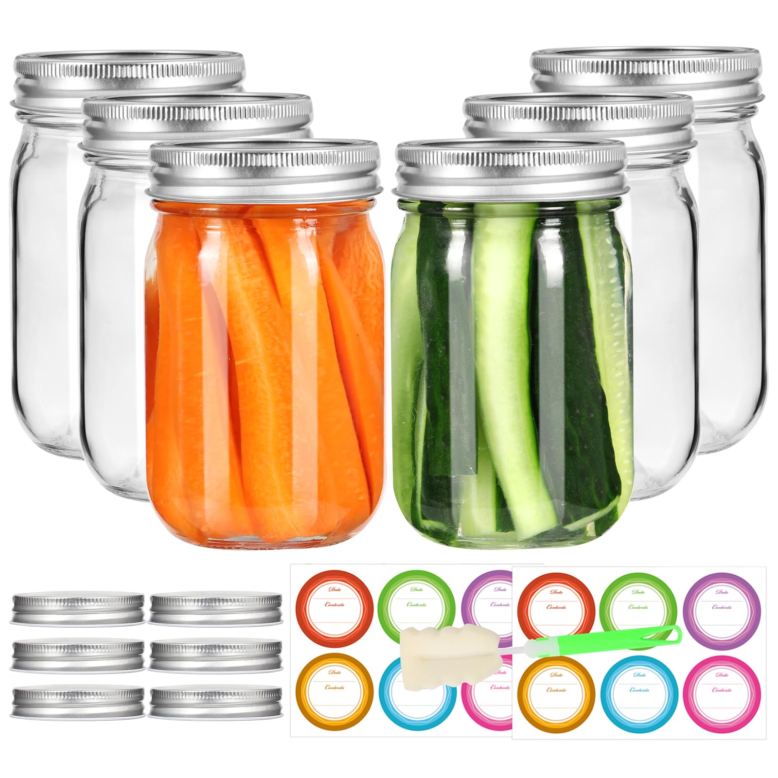 Mcupper 6 Pack Mason Jars 16 oz with Lids, Canning Jars with 6 Split-Type Lids and EXTRA 6 Single Lids, Regular Mouth Mason Jar, Labels & Brusher Included - Microwave & Dishwasher Safe