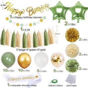 JINENUS Sage Green Birthday Party Decorations for Women Girls,Olive Green and Gold Birthday Decorations with Circle Dots Garland,Tissue Pompoms,Paper Tassels Garland Birthday Decor