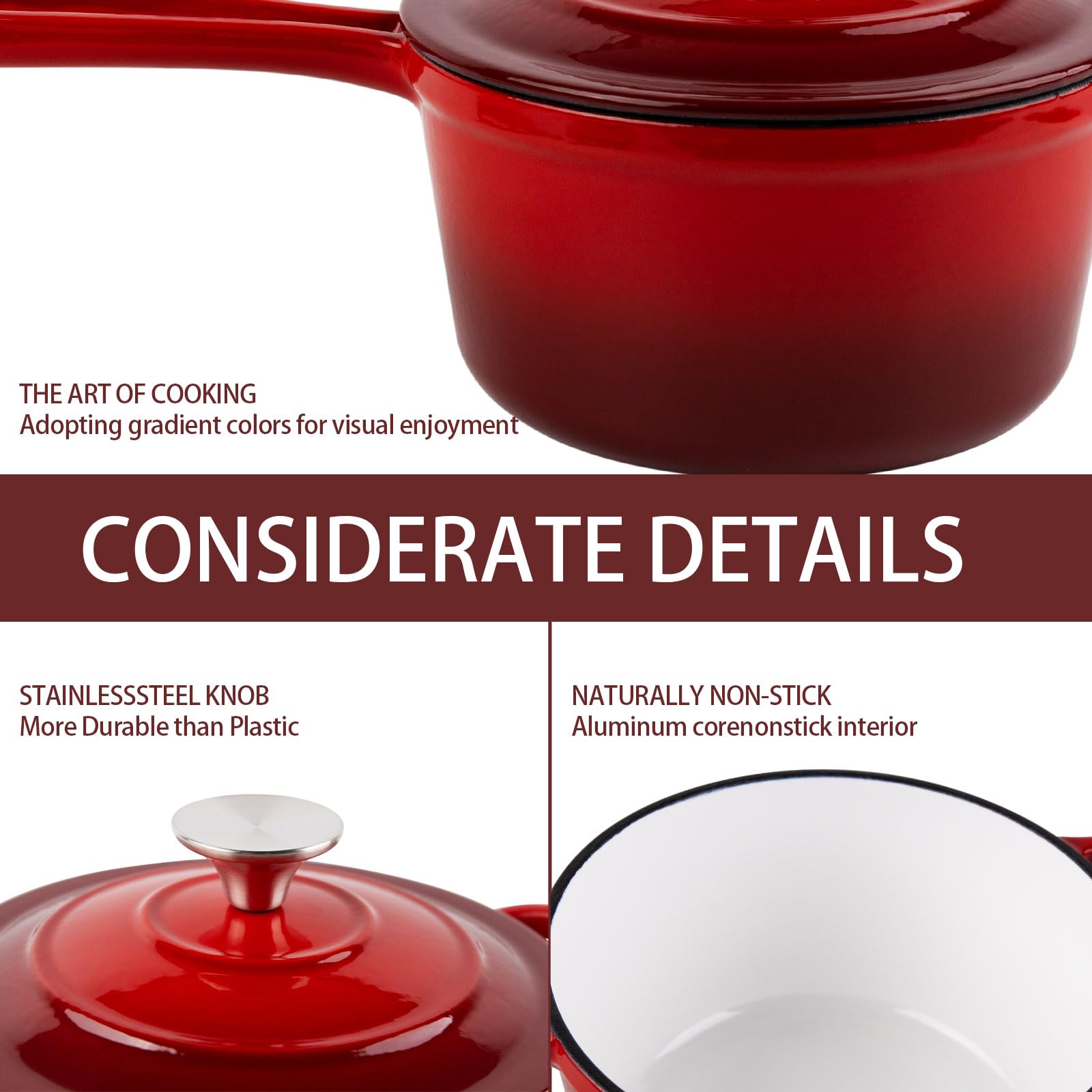 AILIBOO Enameled Cast Iron Sauce Pan, 1.6 Quarts Round Sauce Pot with Lid, Min Dutch Oven Enamel Saucepan for Cooking Pasta Sauce, Gravy, Puddings & Boiling, Gradient Red