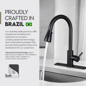 SOFTINOX Kitchen Faucet with Multi-Functional Pull Down Sprayer - High Arc Single Handle Kitchen Sink Faucet with Deck Plate - Commercial Modern Brushed Stainless Steel Kitchen Faucets - Black