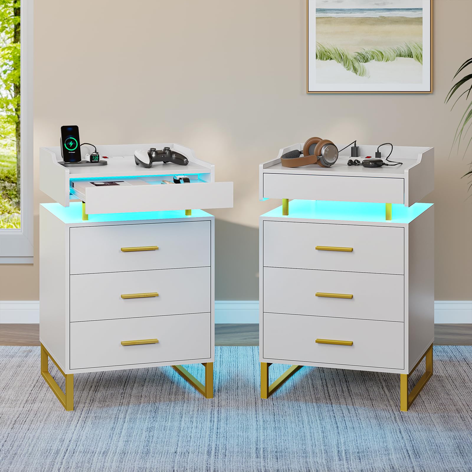 HAUOMS White Nightstand with Charging Station and LED Lights,Luxury Night Stand with Pull-Out Tray,Bedside Table with Drawers,Modern End Table Side Table Storage Cabniet