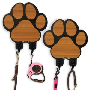 midrean 2pcs dog leash holder for wall mount hanger hook,farmhouse wooden dog paws key rack accessories for rustic home decor