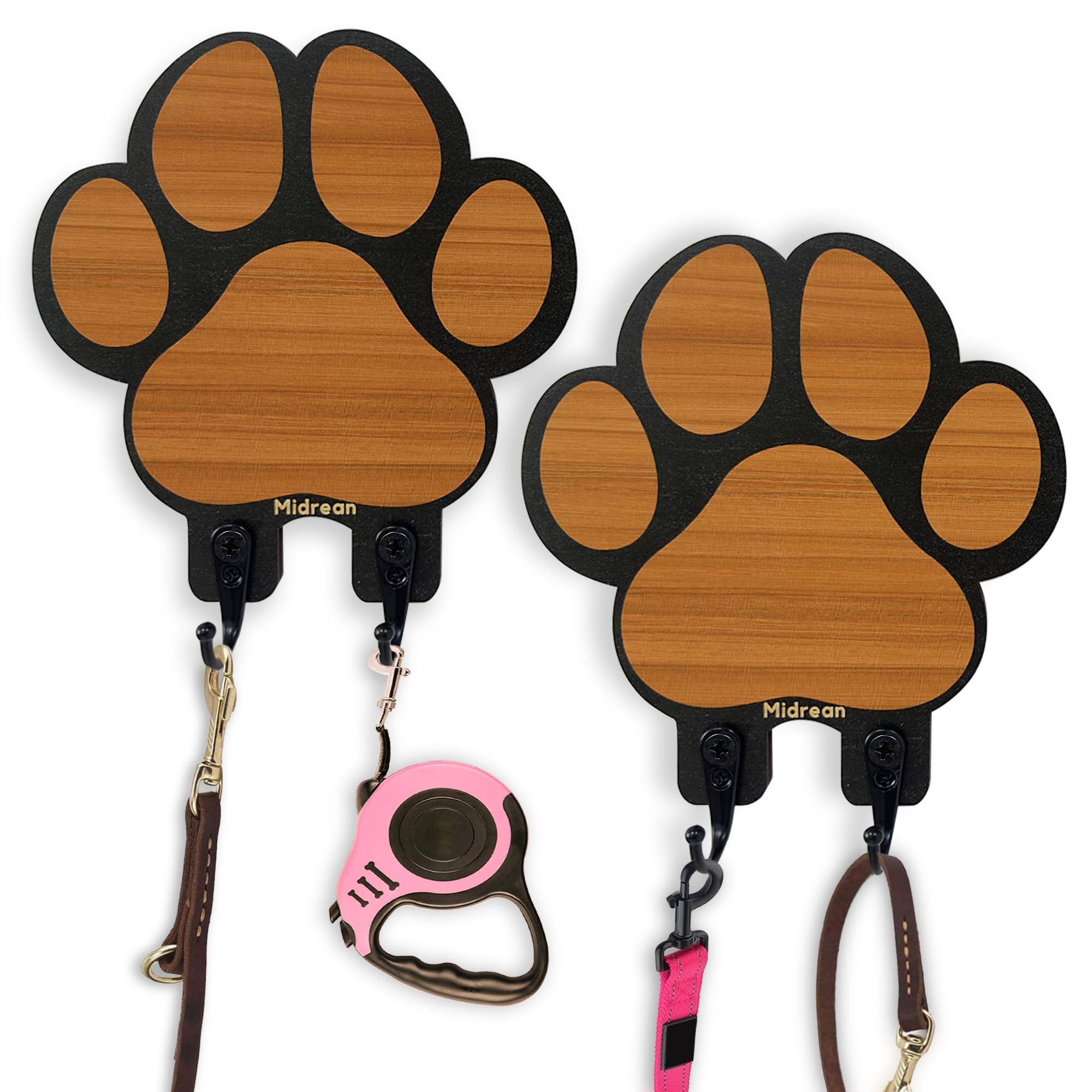 Midrean 2pcs Dog Leash Holder for Wall Mount Hanger Hook,Farmhouse Wooden Dog Paws Key Rack Accessories for Rustic Home Decor