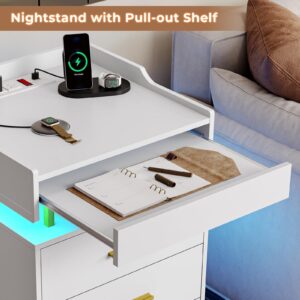 HAUOMS White Nightstand with Charging Station and LED Lights,Luxury Night Stand with Pull-Out Tray,Bedside Table with Drawers,Modern End Table Side Table Storage Cabniet