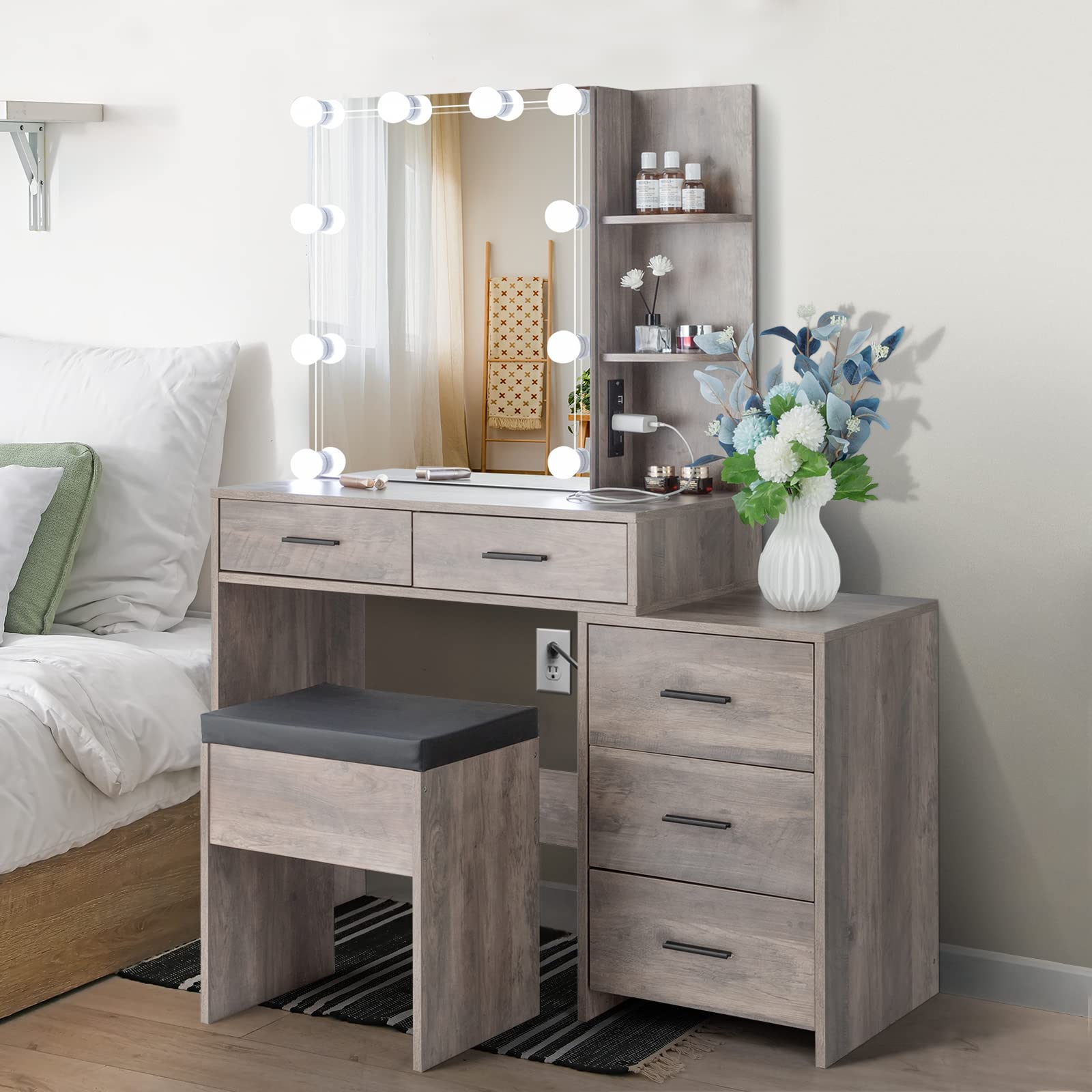 VINGLI Vanity Desk with Sliding Mirror & Lights & Charging Station & Drawers & Shelves, Farmhouse Modern Makeup Vanity Set with Stool for Bedroom