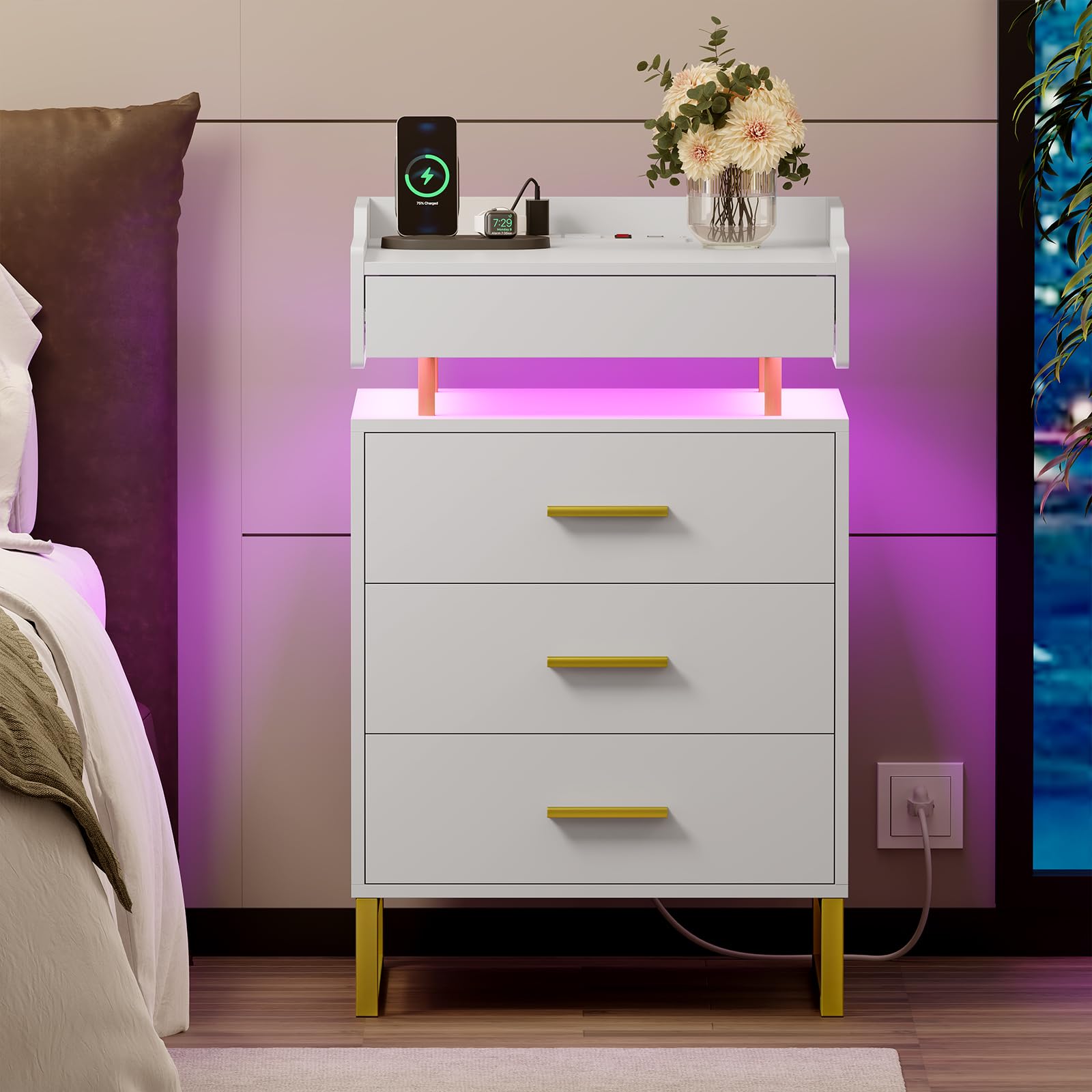 HAUOMS White Nightstand with Charging Station and LED Lights,Luxury Night Stand with Pull-Out Tray,Bedside Table with Drawers,Modern End Table Side Table Storage Cabniet