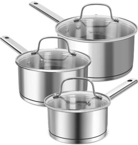 michelangelo saucepan set 3 sizes, stainless steel sauce pan with lid, tri-ply bottom sauce pot set, nonstick saucepan, induction compatible, 1qt & 2qt &3qt