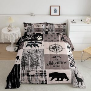 bear deer duvet insert king, rustic farmhouse patchwork comforter set for kids boys teens adult, vintage cabin lodge decor bedding set woodland animal duvet sets buffalo plaid country decor, brown