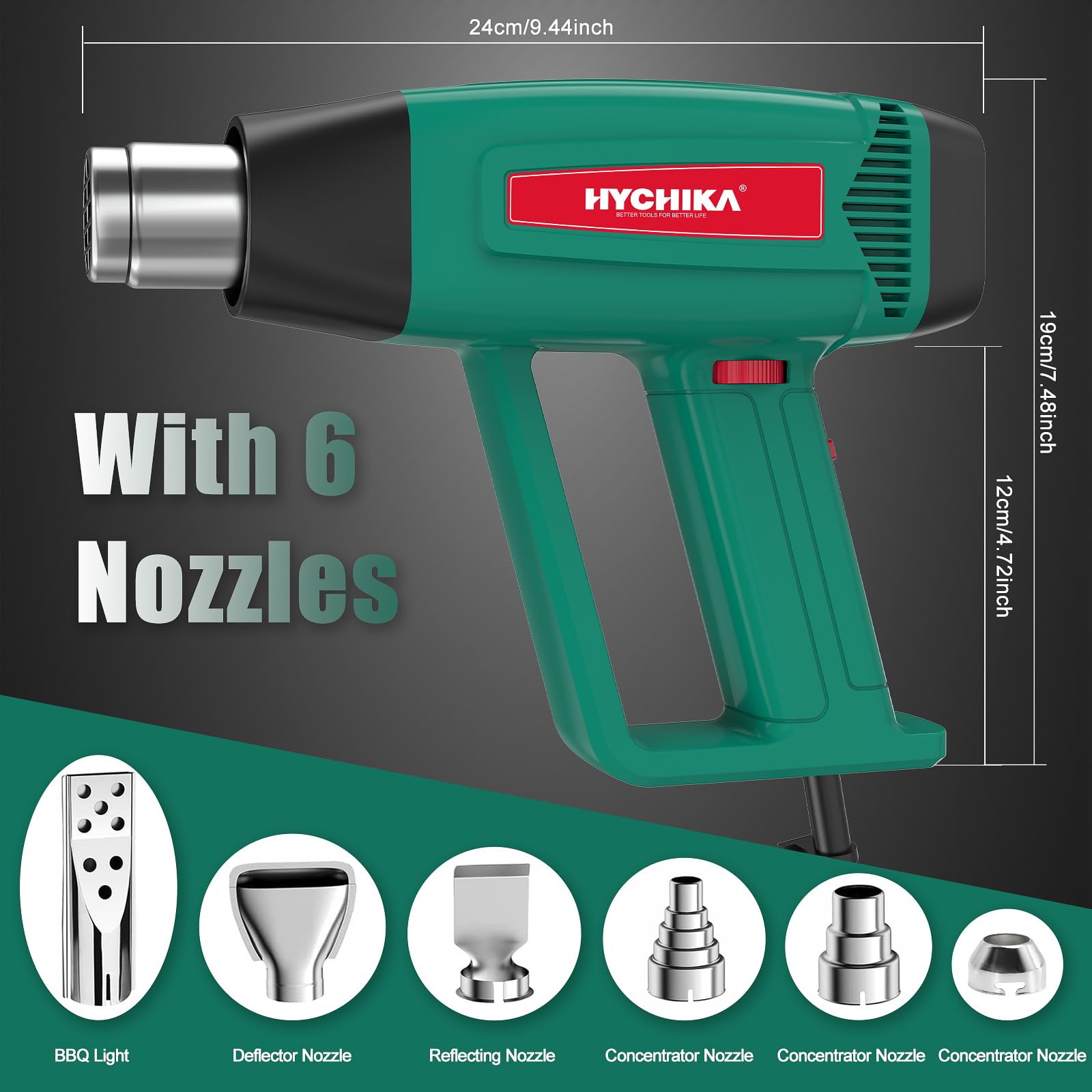 HYCHIKA Heat Gun, 1800W Hot Air Gun Kit with 6 Nozzles 140℉-1112℉ Fast Heating Variable Temp Control, Heat Gun for Crafting, Soldering, Shrink Tubing, Shrink Wrap