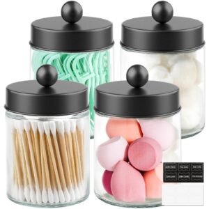 goramio 4 pack glass apothecary jars with lids for bathroom, cute qtip holder, black bathroom accessories set, small bathroom canisters with lids for q-tips, cotton swabs, black bathroom decor