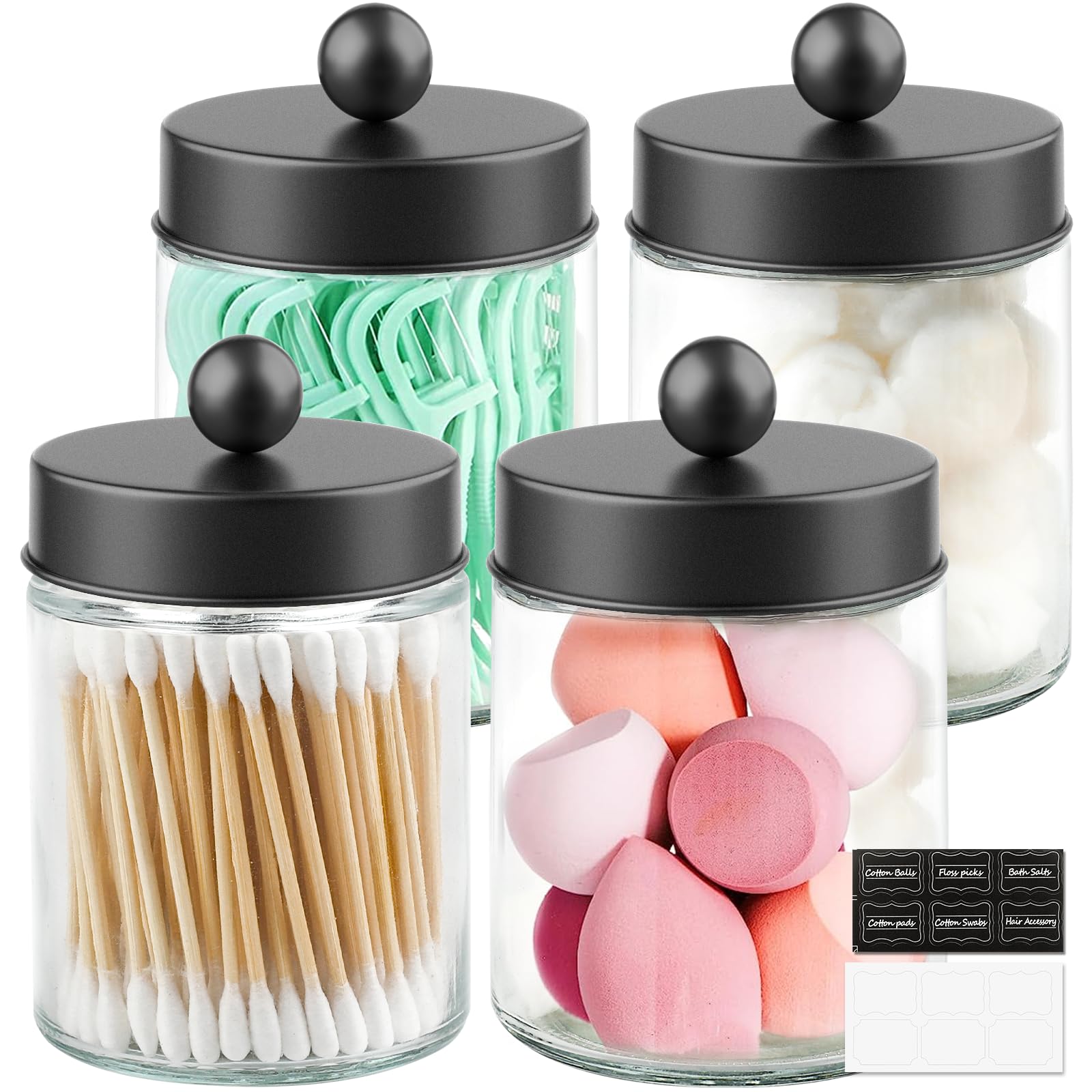 Goramio 4 Pack Glass Apothecary Jars with Lids for Bathroom, Cute Qtip Holder, Black Bathroom Accessories Set, Small Bathroom Canisters with Lids for Q-Tips, Cotton Swabs, Black Bathroom Decor