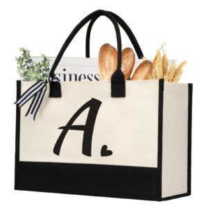 shenee initial canvas tote bag, personalized beach jute bag present for women holiday, friends birthday gift, beach, wedding (letter a)