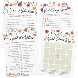 printed party bridal shower game set – 4 fun games and activities for 30 guests, includes bingo, emoji guessing, and bride & groom trivia, love in bloom wildflower design