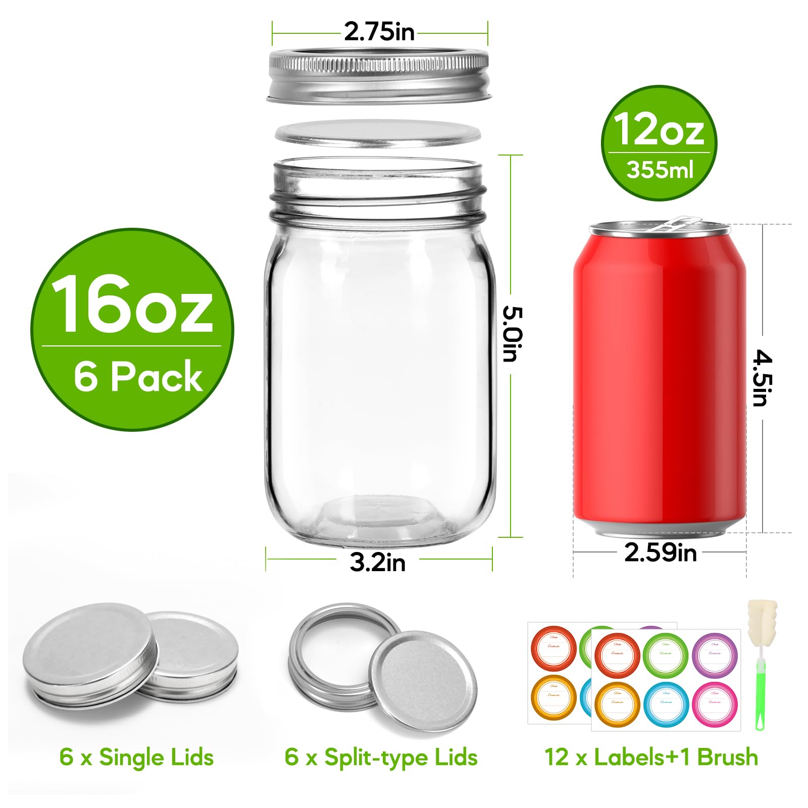 Mcupper 6 Pack Mason Jars 16 oz with Lids, Canning Jars with 6 Split-Type Lids and EXTRA 6 Single Lids, Regular Mouth Mason Jar, Labels & Brusher Included - Microwave & Dishwasher Safe