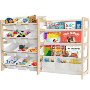 experlam toy storage organizer with bookshelf - 12 storage bins 4-tier multipurpose shelf to organize toys and books for kids room, playroom, nursery room, white