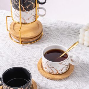 Jusalpha Golden Hand Print Teacup Coffee Cup with Bamboo Saucer Set FDTCS19 (4, Black)