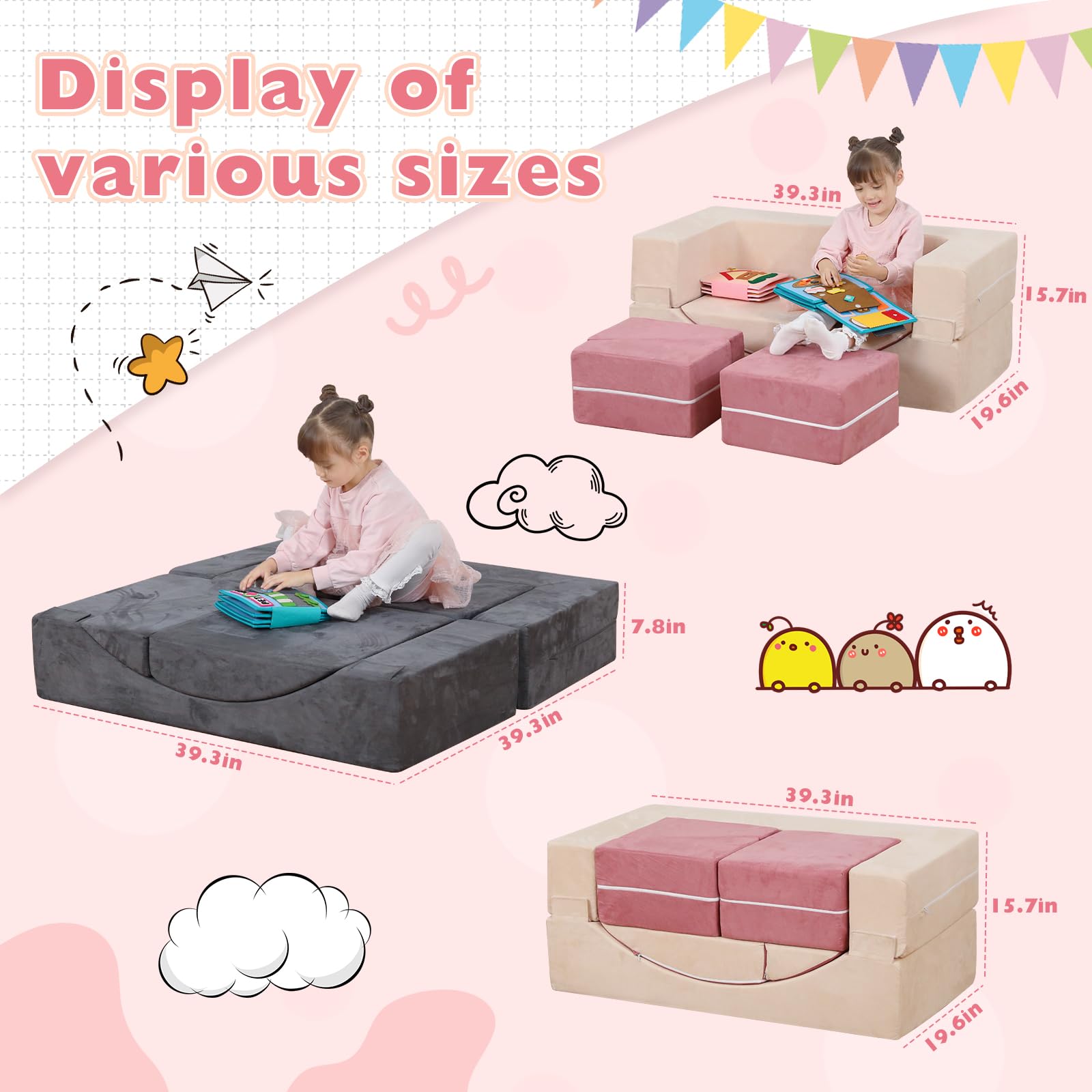 GudoInsole Play Couch Sofa for Kids Tunnel Fold Out Sofa Convertible Lounger Sofa Foam Playset for Creative Child Girls and Boys Playroom (Pink)