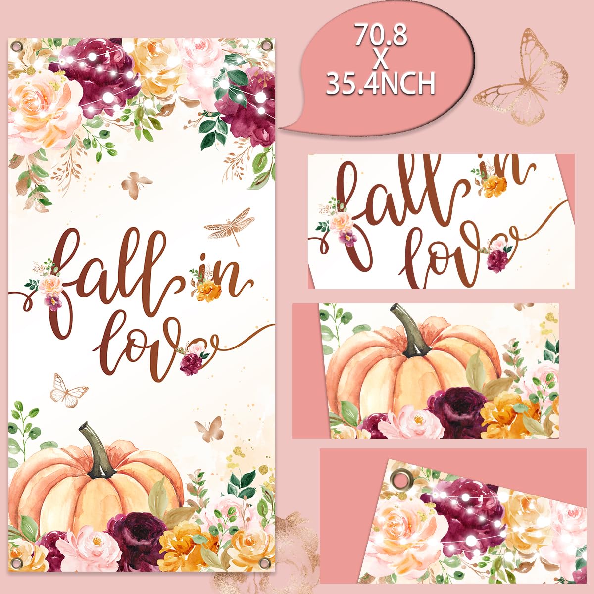 Fall in Love Door Cover Fall Bridal Party Decorations Autumn Floral Pumpkin Door Cover Backdrop Cover Decorations for Fall Anniversary,Wedding,Bride to Be Party