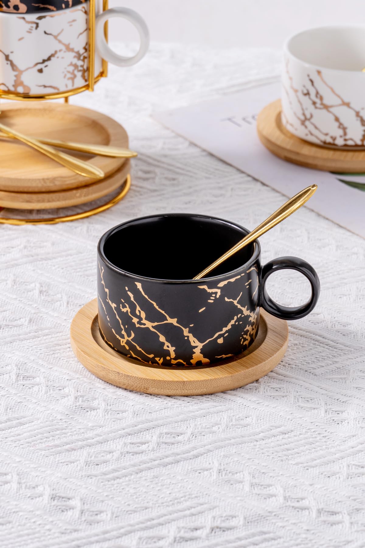 Jusalpha Golden Hand Print Teacup Coffee Cup with Bamboo Saucer Set FDTCS19 (4, Black)