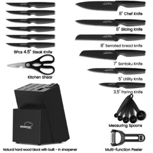 Knife Set, 21 Pieces Kitchen Knife Set with Built in Knife Sharpener Block, Dishwasher Safe, German Stainless Steel Knife Block Set, Steak Knife Sets, Elegant Black