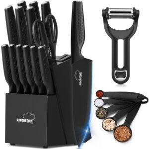 knife set, 21 pieces kitchen knife set with built in knife sharpener block, dishwasher safe, german stainless steel knife block set, steak knife sets, elegant black