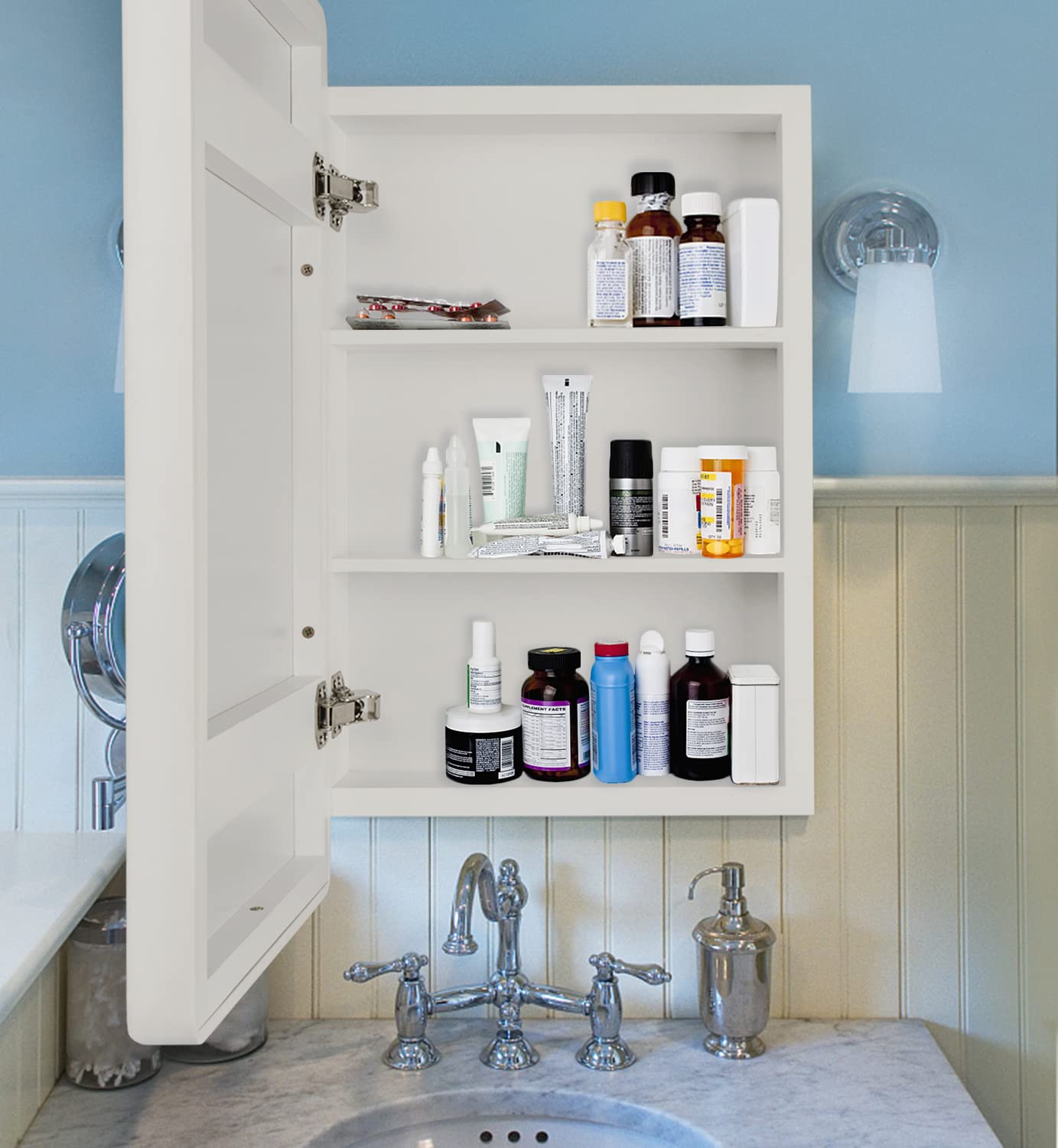 H-A Bathroom Medicine Cabinet with Mirror Solid Wood Framed Bathroom Mirror Cabinet with Storage Wall Mounted Recessed Available 16"x 24" (White)