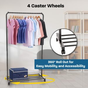 USTECH Heavy Duty Garment Rack with Sturdy Wheels | 450 lb Load Capacity | Adjustable Metal Clothing Anti-Slip Rack for Hanging Clothes, Lockable for Stability (Single Rod)