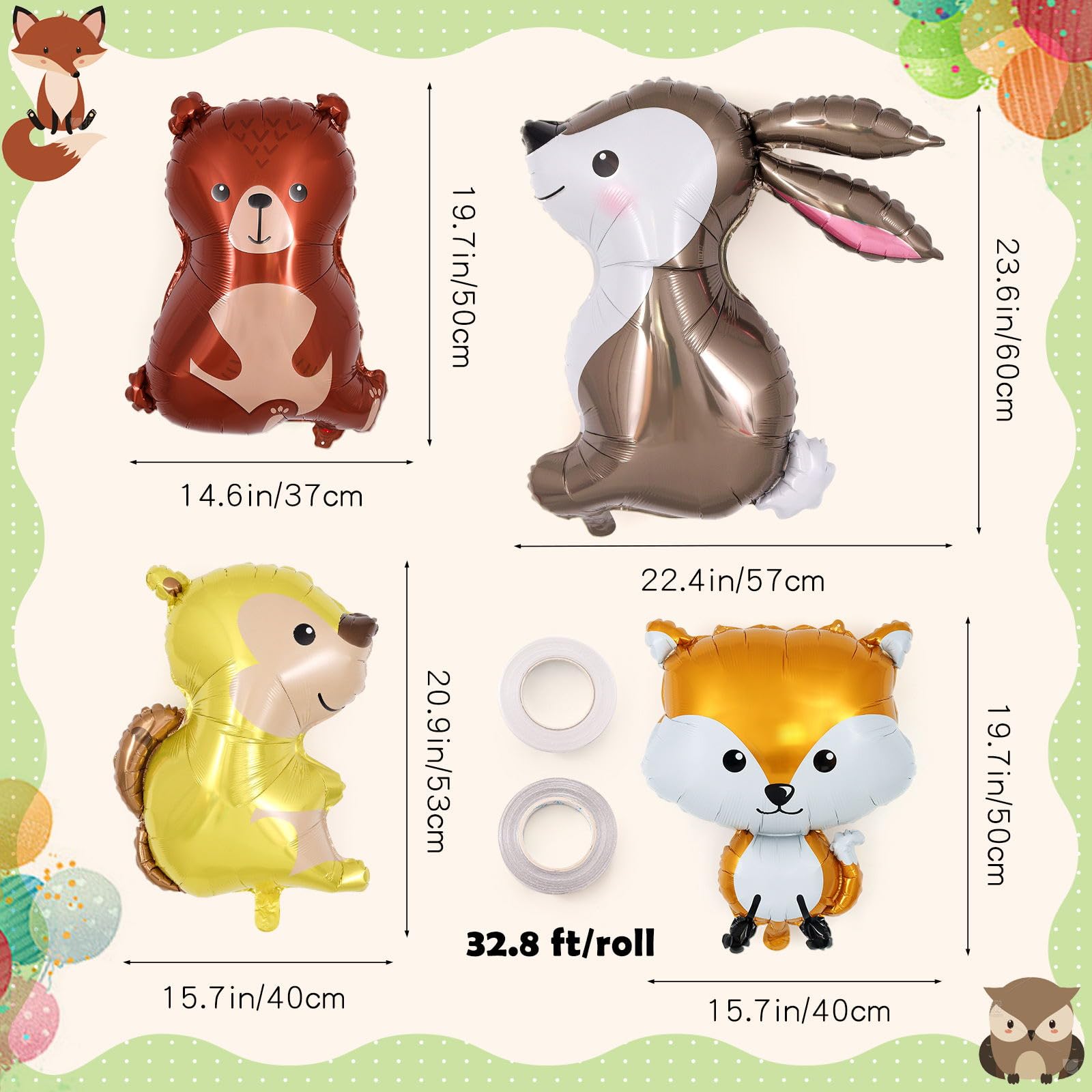 Woodland Animal Balloons, 8 Pcs Large Cute Forest Animal Foil Balloons, Deer Fox Squirrel Rabbit Balloons for Woodland Themed Party Camping Birthday Baby Shower Gender Reveal