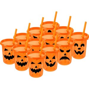 nuanchu 12 pcs halloween cups for kids plastic tumbler with lids and straws 10 oz reusable toddler cups for happy halloween party gift supplies (trendy)