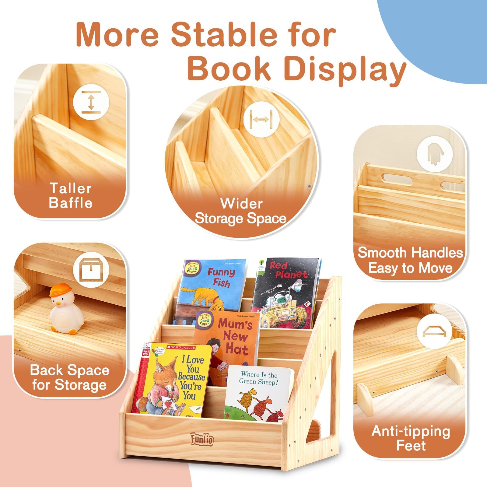 FUNLIO Montessori Bookshelf for Toddlers 1-5 Years, Front-Facing Kids Bookshelf with Handle & Anti-Tilting Device, Premium Pine Baby Bookshelf, Children's Bookcase for Nursery/Classroom, CPC Certified