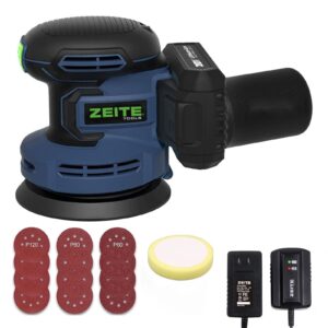 zeite 5 inch 20v 2.0ah orbital sander cordless, 6 variable speed 3,000-11,000 opm electric sander for woodworking, 12pcs sandpaper polishing pad, efficient dust extractor for diy sanding polishing