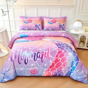 zrnbast twin size mermaid tail comforter set for girls 3 pcs purple orange blue bedding set for kids soft lightweight gradient glitter bed set for all season(twin, orange)