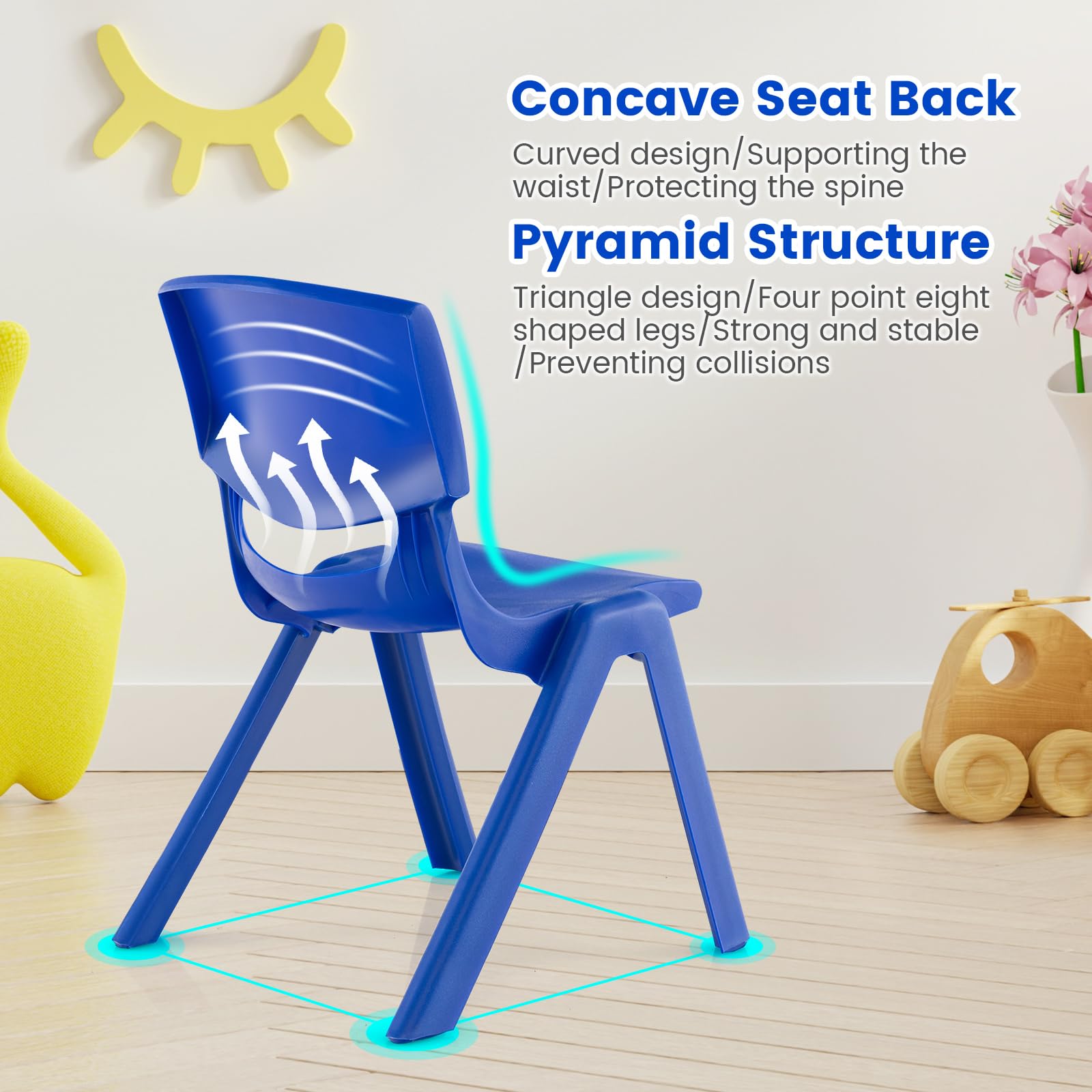 Axidou 4 Pack Premium 11" H Plastic Stackable School Chairs, Toddler and Kids Chair for Daycare, School, Outdoor, Home - Blue