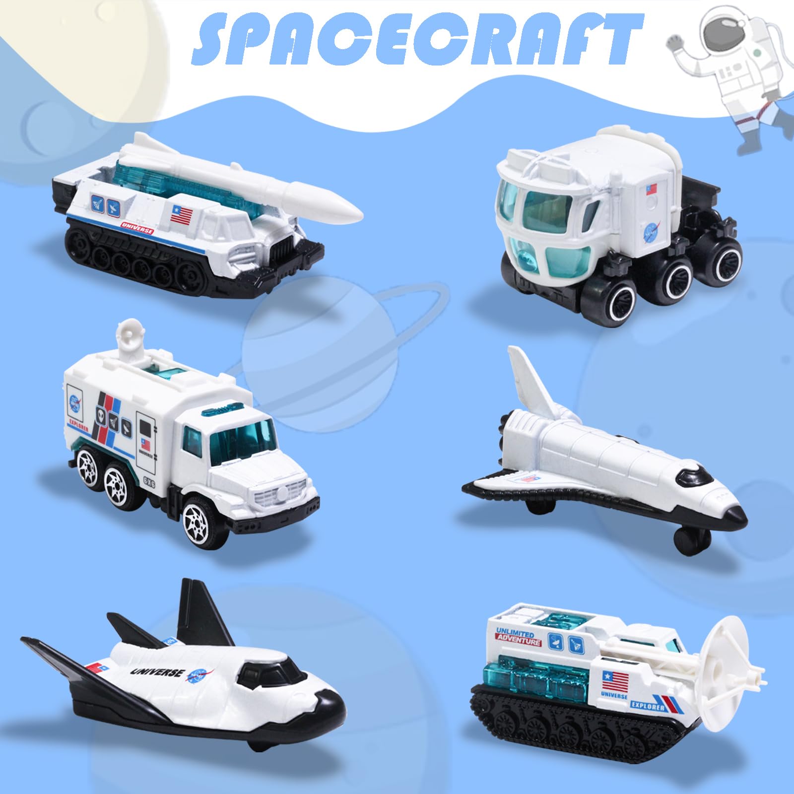 Oriate Diecast 6PCS Explore Space Spaceship Gift Set, Rocket, Spaceship, Space Probe, Mobile Lab Mini Space Fleet Toys for Boys Girls 3 Years Old and Up Creative Gifts