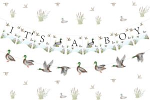 mallard duck baby shower banner decorations, it’s a boy duck theme rustic garland bunting set pregnancy celebration gender reveal party supplies for boy