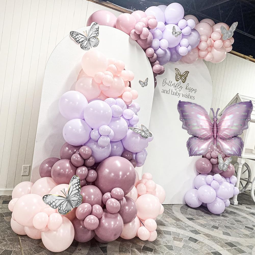 Dusty Purple Butterfly Balloon Garland Arch Kit, 139pcs Pink Lavender Purple Balloons with 3D Silver Butterfly Stickers for Girl Birthday Party Wedding Bridal Shower Baby Shower Decorations