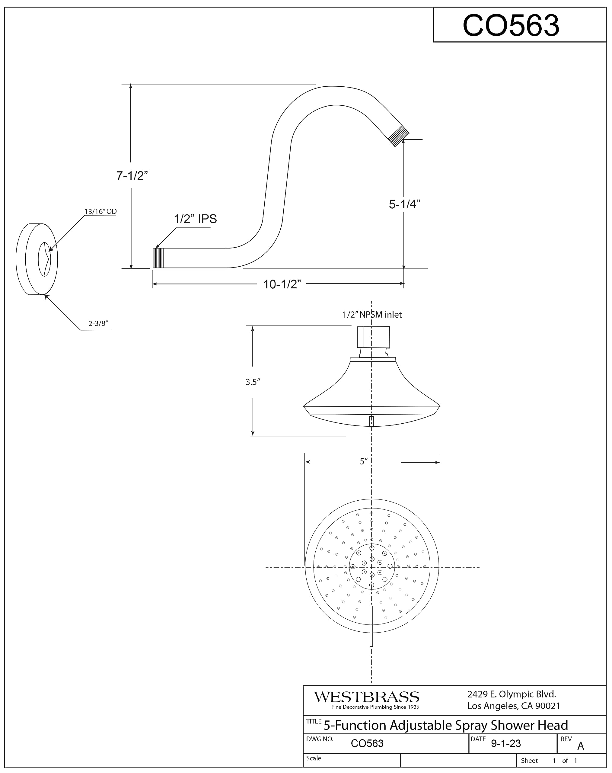 Westbrass CO563-07 5" Round Thin 5-Function Adjustable Spray Shower Head with 8" S-Shaped Wall Mount Shower Arm, Satin Nickel