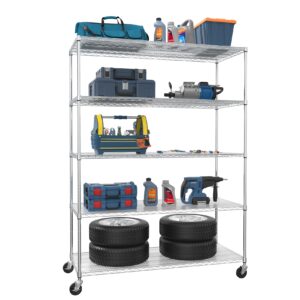 5 tier nsf wire shelf shelving unit, 24 x 60 x 82 inch 7500lbs capacity heavy duty adjustable storage metal rack with wheels/leveling feet & shelf liners, ideal for garage, kitchen, and more - chrome