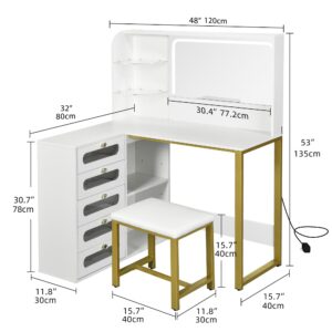 DWVO Corner Makeup Vanity Desk with Lights and Mirror, 48" L Shaped White Vanity Set with Stool, 5 Acrylic Visualized Drawer, Adjustable 3 Lighting Mode, Bedroom Large Dressing Table for Women