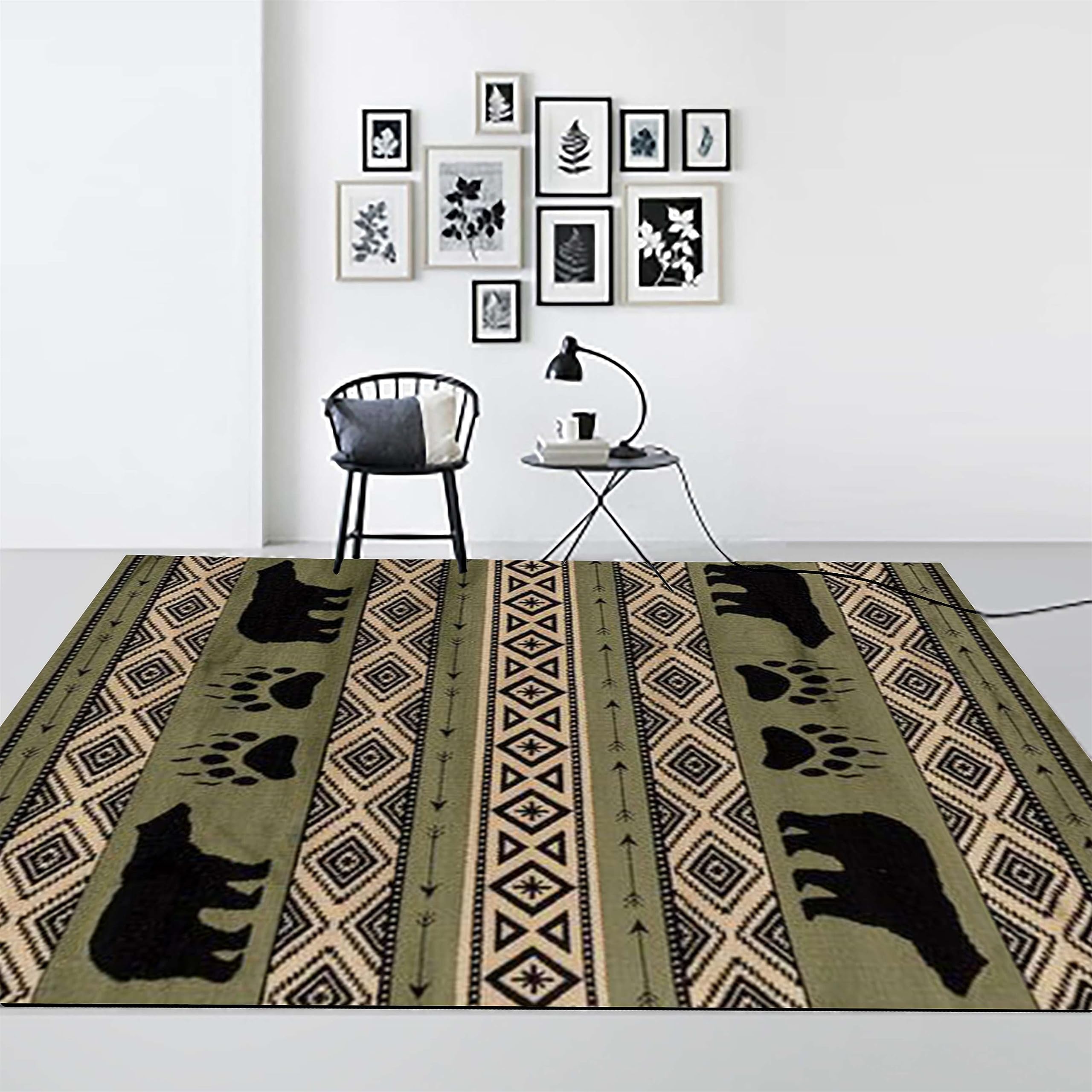 Black Bear Area Rug, 5x7ft, Wild Animal Bear Paw Print Rug, Rustic Ethnic Rugs for Living Room, Indoor Non-Slip Washable Rugs, for, Bedroom Kitchen Dining Room