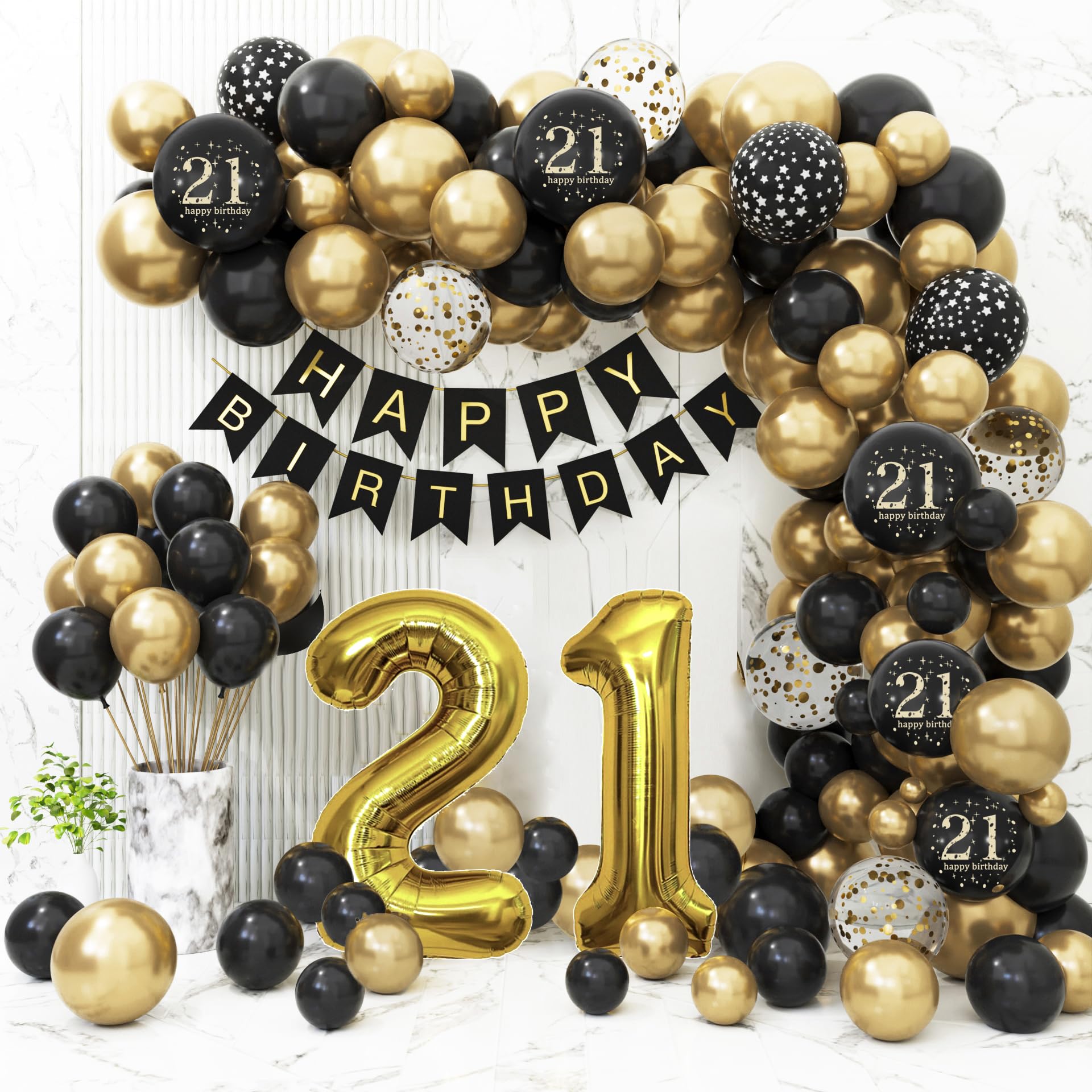 21st Birthday Decorations for Man Her , Black and Gold 21st Birthday Balloons Set Party Decorations with 21st Happy Birthday Banner，Black and Gold for Boys Girls 21 Birthday Party Supplies