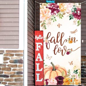 Fall in Love Door Cover Fall Bridal Party Decorations Autumn Floral Pumpkin Door Cover Backdrop Cover Decorations for Fall Anniversary,Wedding,Bride to Be Party