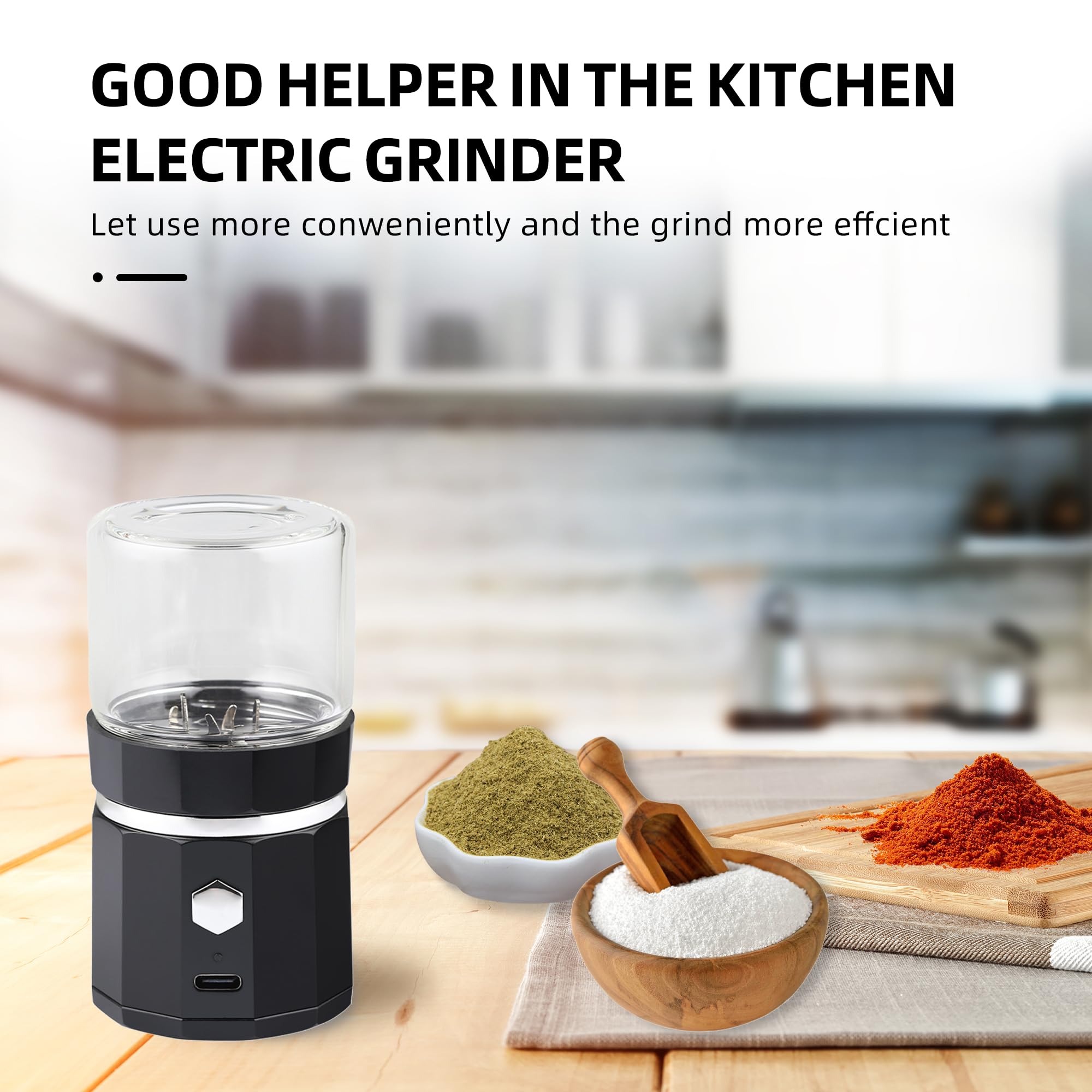 Electric Grinder spice grinder Herb Grinder - Compact and Efficient with USB Rechargeable Battery - 1.7oz Glass Spice Chamber - Premium Quality