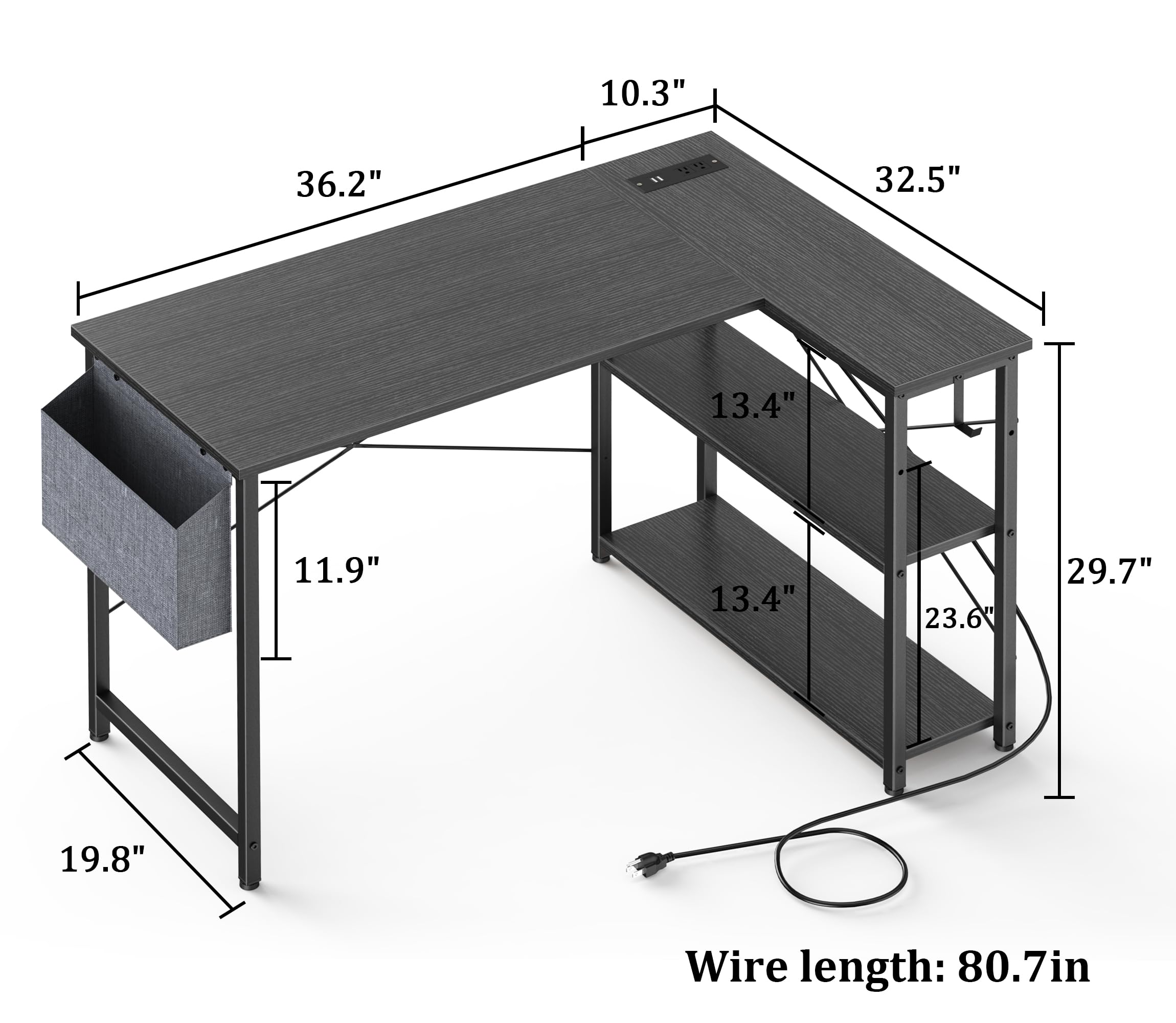 Mr IRONSTONE L Shaped Desk with Outlets & USB Ports, Reversible 47 Inch Office Desk, Corner Desk for Small Space, Home Office Desk with Storage Bag & Hook, Black